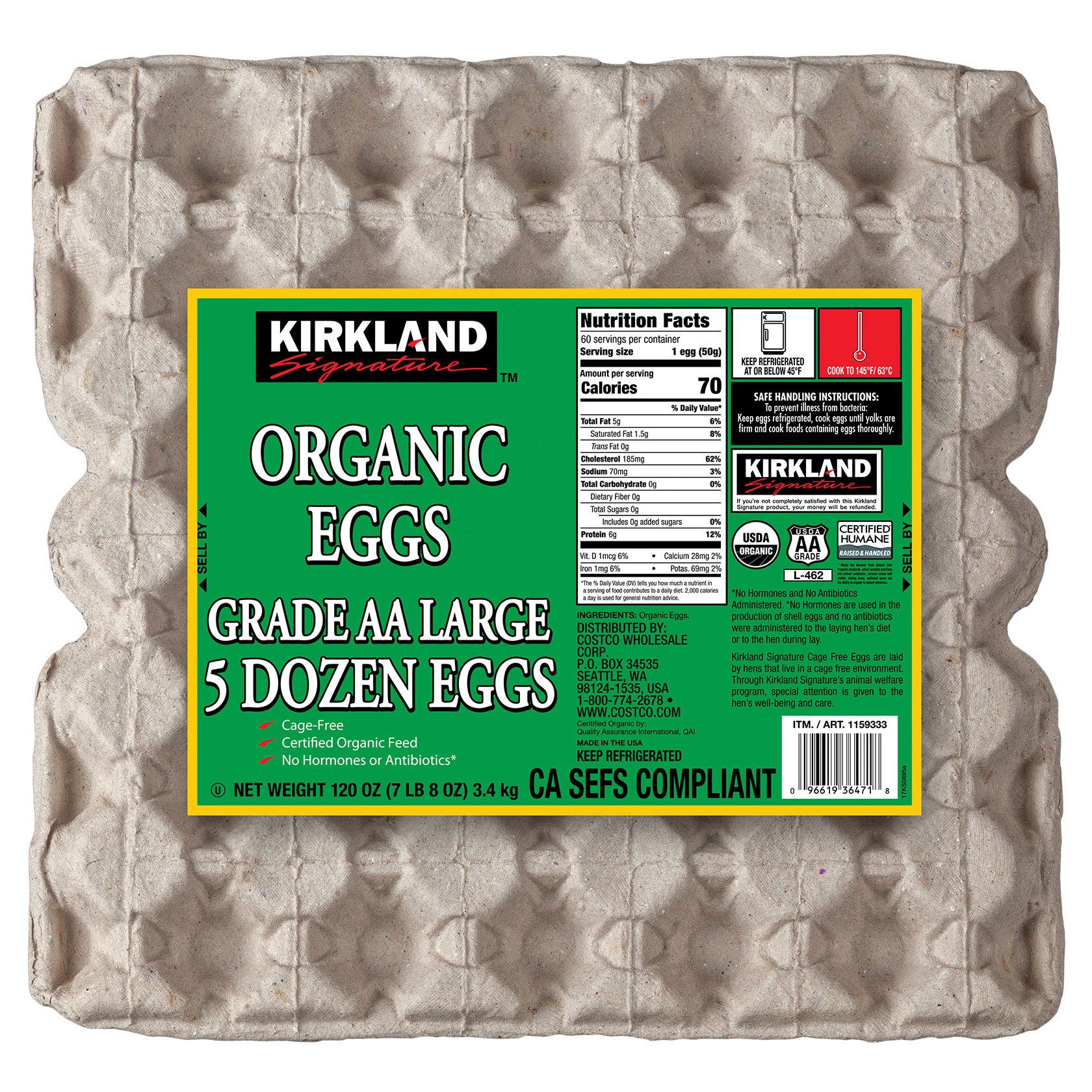 Kirkland Signature Organic USDA Grade AA Large Eggs, 60 Count (5 Dozen ...