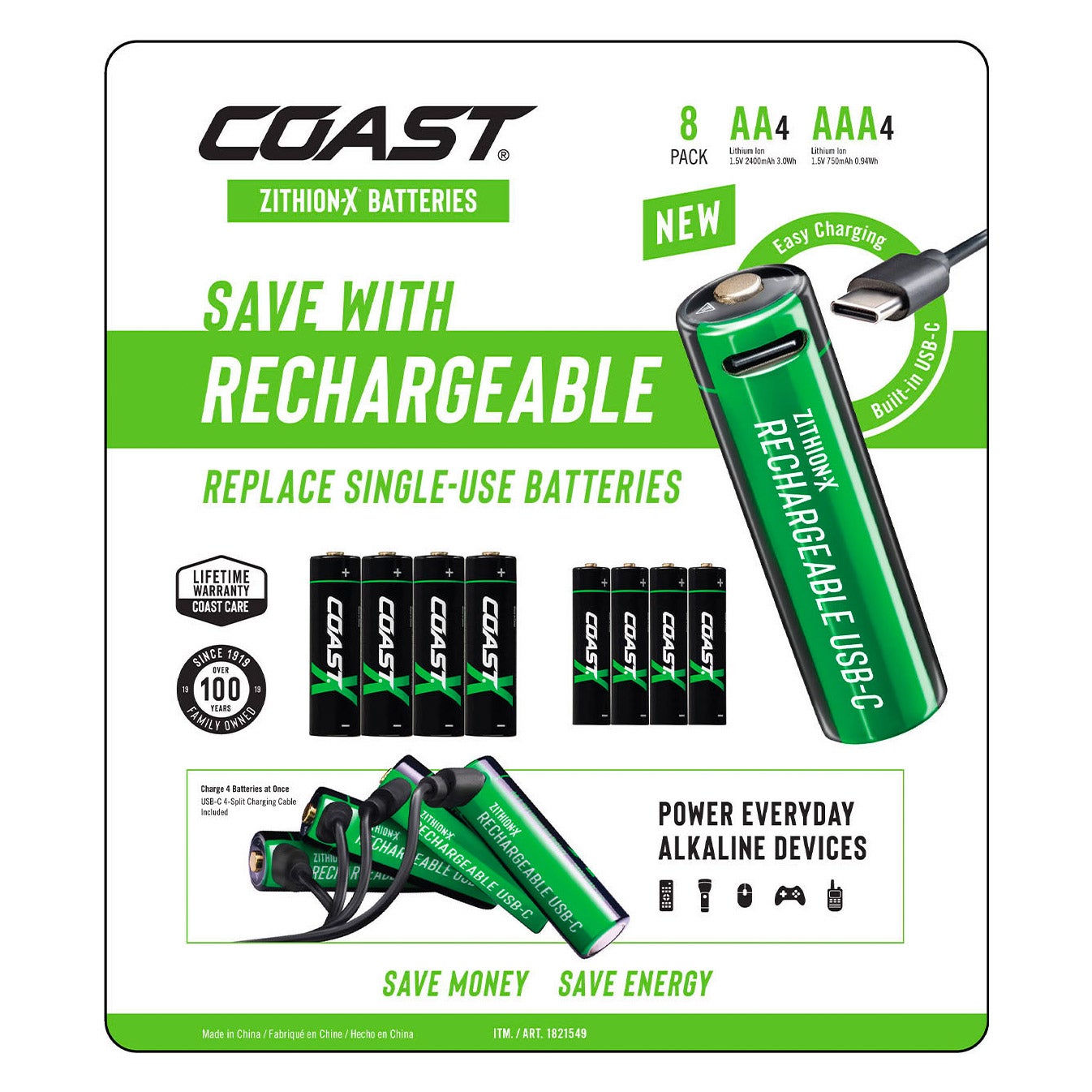 Coast Rechargeable Batteries with USB-C, 4 AA and 4 AAA Included - $19. ...