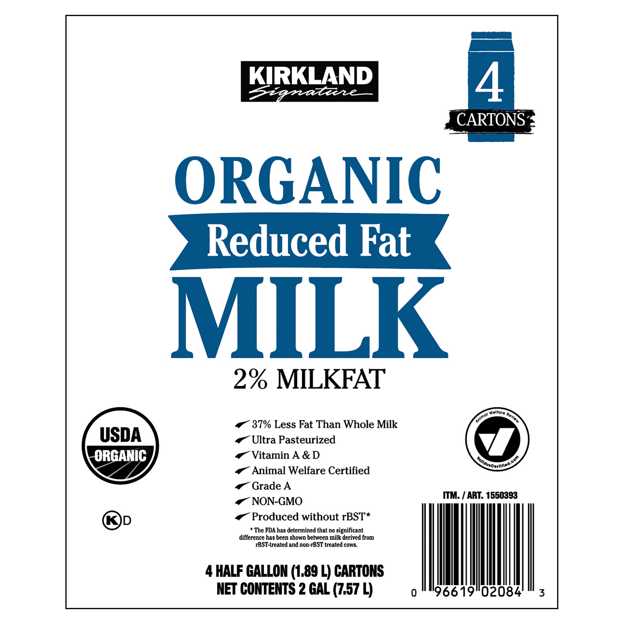Kirkland Signature Organic 2% Milk, 4 Half-Gallon Cartons (#1550393 ...