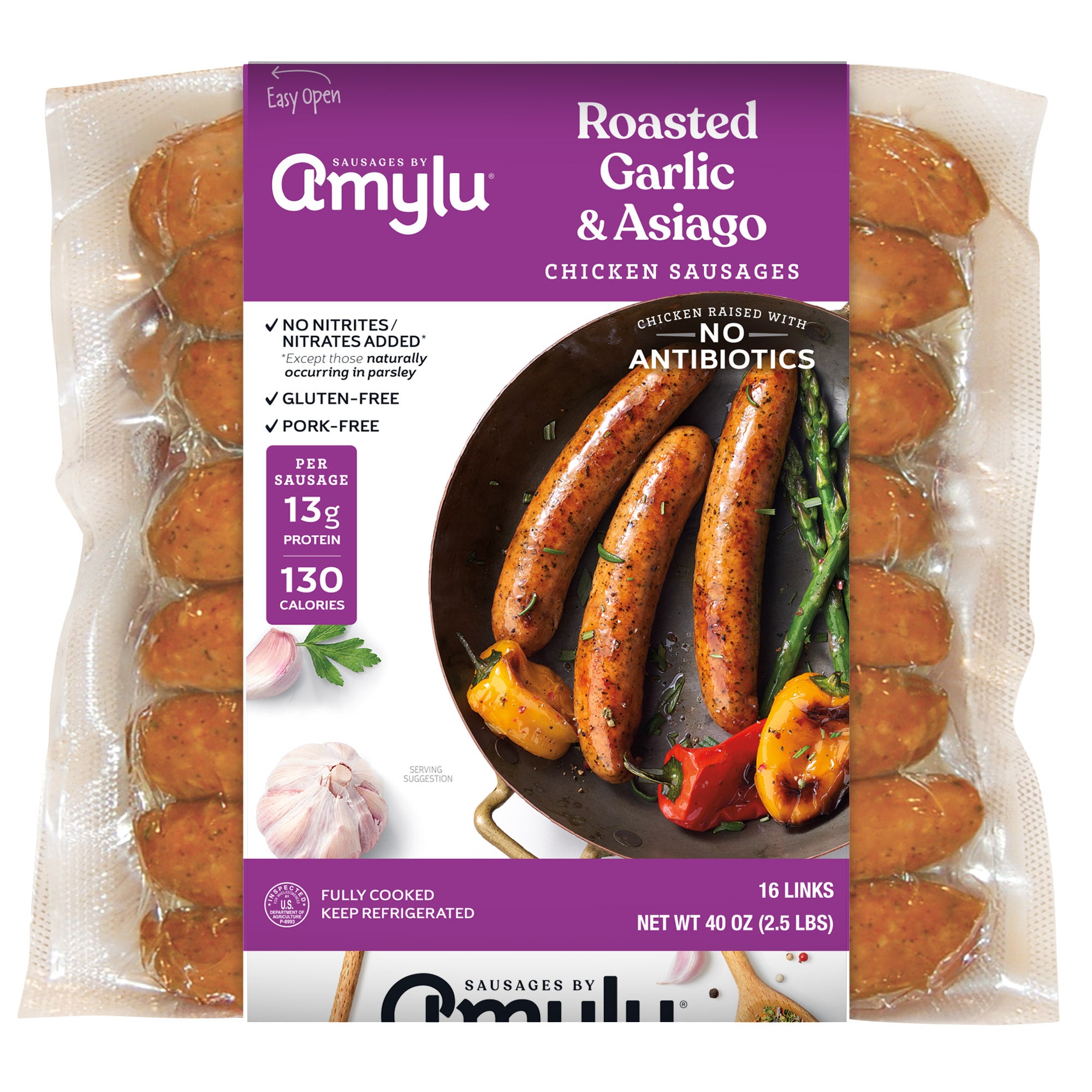 Amylu Roasted Garlic & Asiago Chicken Sausages, 2.5 lbs (16 Links ...