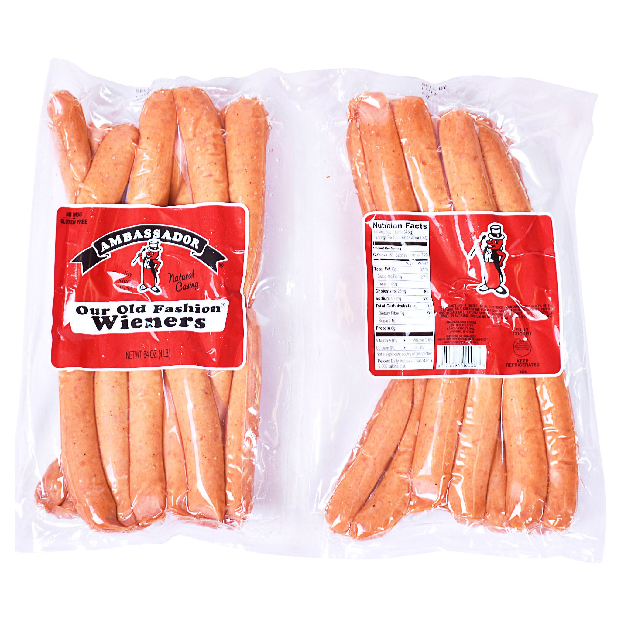 Ambassador Natural Casing Hot Dogs, 2/2 Pound Packages (#103914) - $16.49
