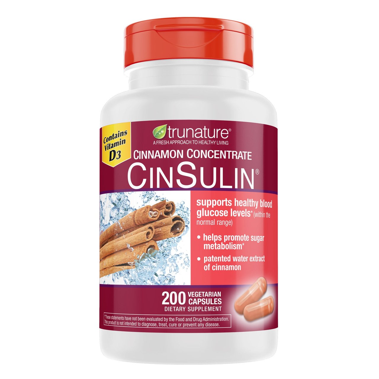 TruNature Cinnamon Concentrate CinSulin 500mg, 200 Vegetarian Capsules ...