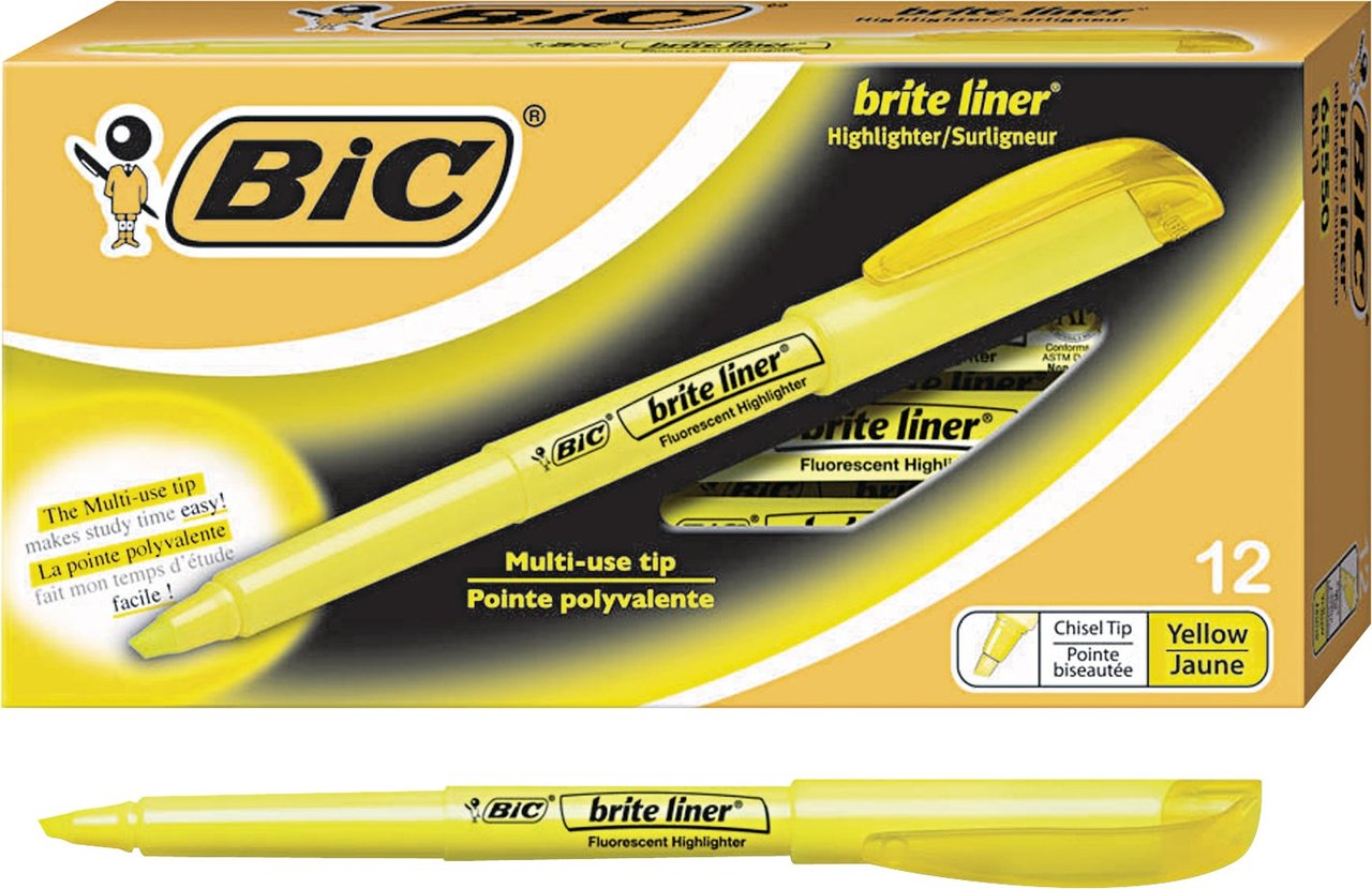 BIC Brite Liner Fluorescent Yellow Highlighters, 12-Count (#665550) - $4.19