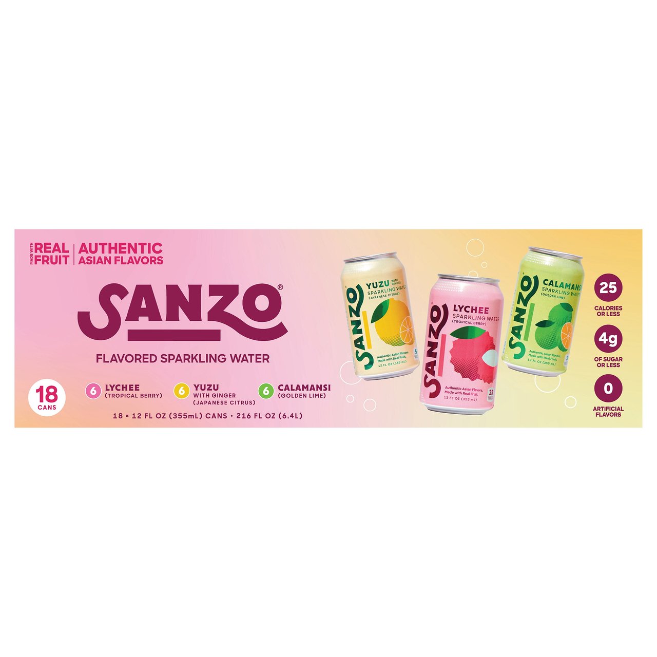 Sanzo Calamansi/Lychee/Yuzu Sparkling Water Variety Pack, 18-Count, 12 ...